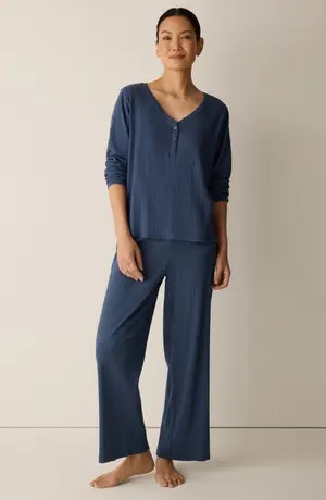 Eileen Fisher V-neck Organic Cotton Henley - Blueberry