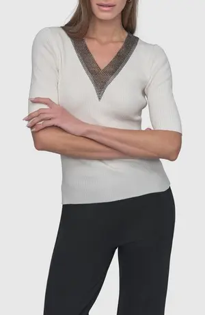Dkny Embellished V-neck Sweater - Ivory