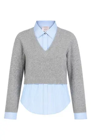 Cinq À Sept Renna Prelayered Cashmere Sweater & Stripe Button-up Shirt - Heather Grey