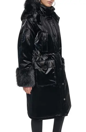 Dkny Faux Fur Cuff Nylon Velvet Puffer Coat