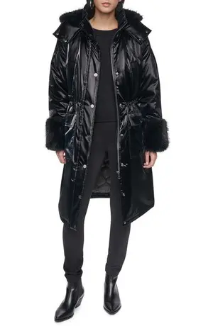 Dkny Faux Fur Cuff Nylon Velvet Puffer Coat