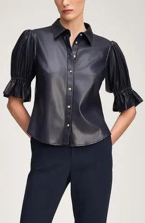 Cinq À Sept Fiona Faux Leather Button-up Shirt Navy