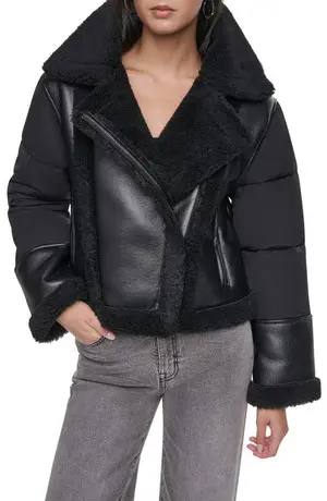 Dkny Faux Shearling Moto Jacket With Quilted Puffer Sleeves - Blk/black