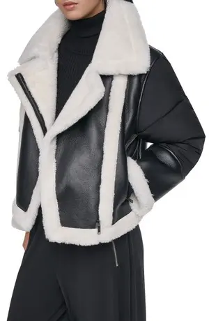 Dkny Faux Shearling Moto Jacket With Quilted Puffer Sleeves - Blk/ivory