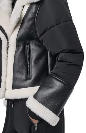Dkny Faux Shearling Moto Jacket With Quilted Puffer Sleeves - Blk/ivory