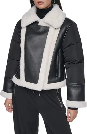 Dkny Faux Shearling Moto Jacket With Quilted Puffer Sleeves - Blk/ivory