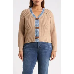 CITY BLUES Denim Trim Cropped Cardigan - Tan