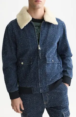 Scotch & Soda Denim Flight Jacket With Faux Shearling Collar - Deep Weave