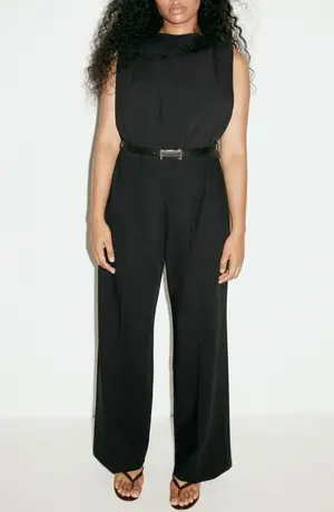 Mango Sleeveless Belted Jumpsuit With Boatneck And Hidden Back-zip Closure - Black