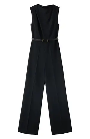 Mango Sleeveless Belted Jumpsuit With Boatneck And Hidden Back-zip Closure - Black