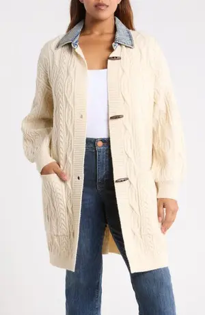 CITY BLUES Denim Collar Cable Knit Cardigan - Parchment