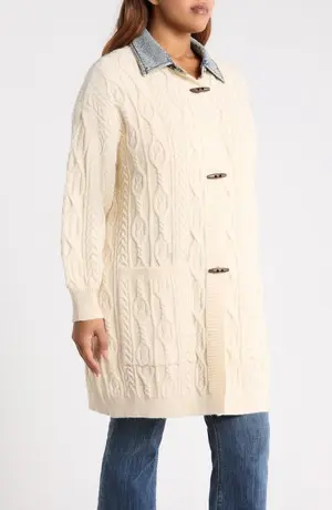 CITY BLUES Denim Collar Cable Knit Cardigan