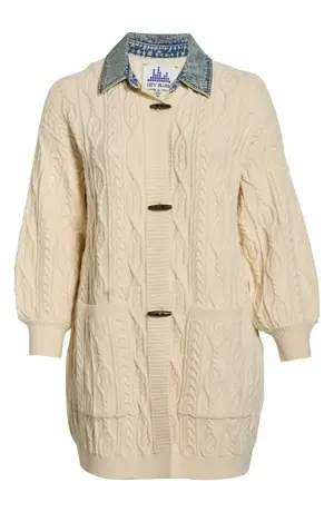 CITY BLUES Denim Collar Cable Knit Cardigan