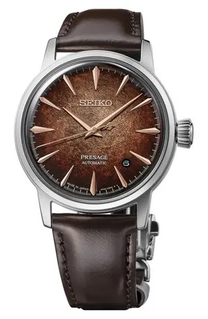 SEIKO WATCHES Presage Cocktail Time Automatic Leather Strap Watch - Brown