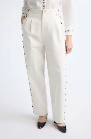 BODE Button Jar Cotton Wide Leg Pants - White Multi