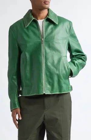 Bottega Veneta Vintage Effect Intrecciato Collar Leather Jacket - 3086 Malachite