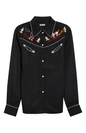 BODE Checkers Embroidered Western Snap-up Shirt - Black Multi