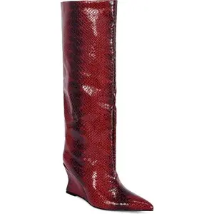 AZALEA WANG Brun Faux Snakeskin Knee High Wedge Boot - Red Multi