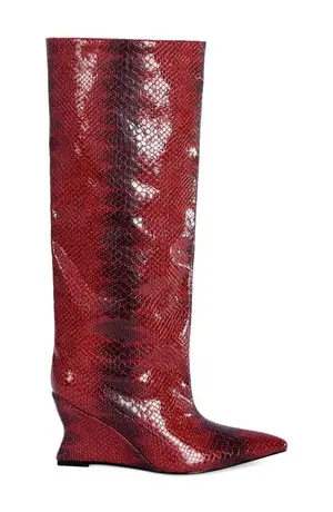 AZALEA WANG Brun Faux Snakeskin Knee High Wedge Boot