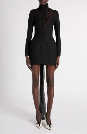 Alexander McQueen Long Sleeve Stretch Wool & Mohair Light Tweed Evening Minidress - Black