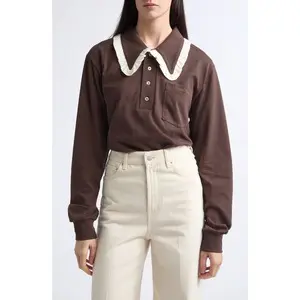 TANNER FLETCHER Long Sleeve Cotton Top With Ruffle Collar - Brown