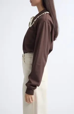 TANNER FLETCHER Long Sleeve Cotton Top With Ruffle Collar