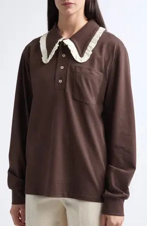 TANNER FLETCHER Long Sleeve Cotton Top With Ruffle Collar