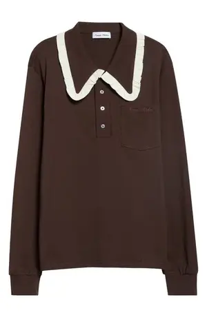 TANNER FLETCHER Long Sleeve Cotton Top With Ruffle Collar