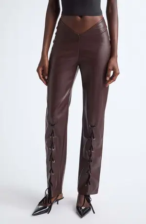 KIM SHUI Faux Leather V-cut Waist Pants With Velvet Lacing - Dark Brown