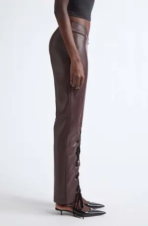 KIM SHUI Faux Leather V-cut Waist Pants With Velvet Lacing