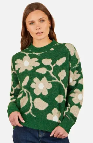 YUMI Floral Intarsia Relaxed Fit Jumper - Green