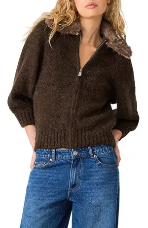 Steve Madden Odessa Faux Fur Collar Zip Sweater