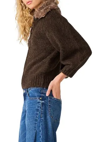 Steve Madden Odessa Faux Fur Collar Zip Sweater