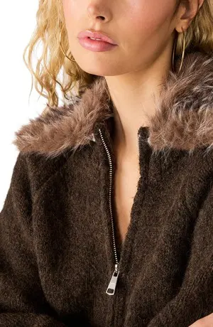 Steve Madden Odessa Faux Fur Collar Zip Sweater