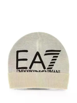 EA7 Logo-jacquard Ribbed-cuff Beanie Hat - Neutrals