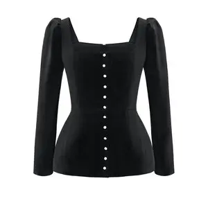 POST MERIDIEM Velvet Long Sleeve Top - Black