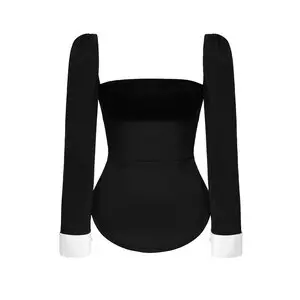 POST MERIDIEM Long Sleeve Velvet Detail Top - Black