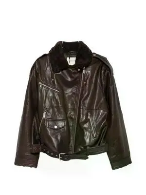 GESTUZ Belted Shearling Collar Leather Jacket