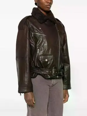 GESTUZ Belted Shearling Collar Leather Jacket