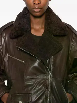 GESTUZ Belted Shearling Collar Leather Jacket