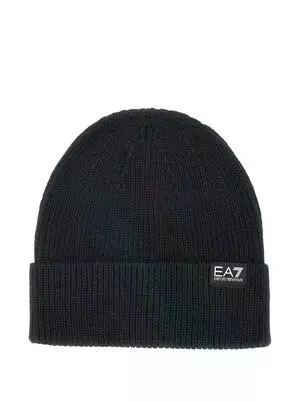 EA7 Ribbed Knit Beanie Hat With Logo Patch - Black