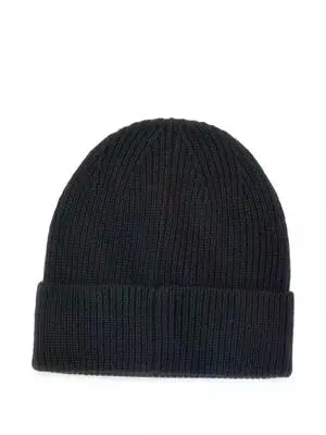 EA7 Ribbed Knit Beanie Hat With Logo Patch - Black
