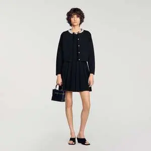 Sandro Cropped Cardigan With Pearl Flower Collar