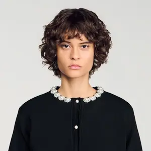 Sandro Cropped Cardigan With Pearl Flower Collar