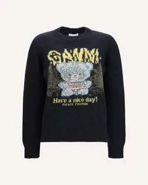 GANNI Wool Sweater With Graphic Teddy Bear Print