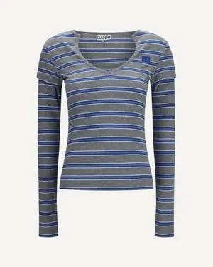 GANNI Ribbed V-neck Long-leeve T-hirt