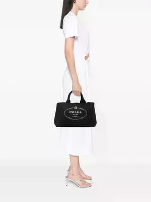 Prada 2013-2026 Canvas Canapa Logo Tote Satchel - Black