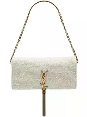Saint Laurent 2020 Tweed Monogram Kate 99 Tassel Bag Satchel - White