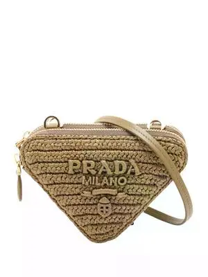 Prada 2010-2026 Raffia Crochet Logo Embroidered Triangle Pouch Satchel - Brown