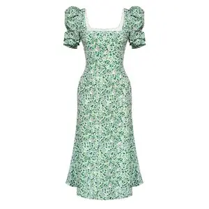 POST MERIDIEM Printed Godet Silhouette Square Neck Midi Dress